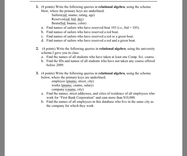 Solved Write The Following Queries In Relational Algebra