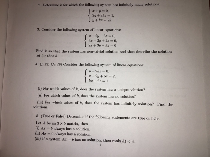 Solved Determine K For Which The Following System Has Inf