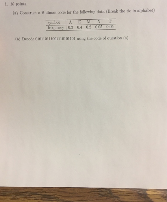 Solved 1. 10 points. (a) Construct a Hufman code for the | Chegg.com