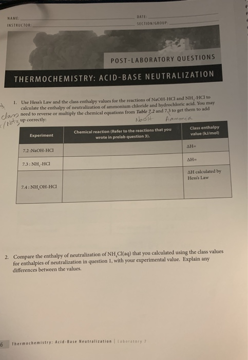 Solved: NAME DATE SECTION/GROUP: INSTRUCTOR POST-LABORATOR... | Chegg.com