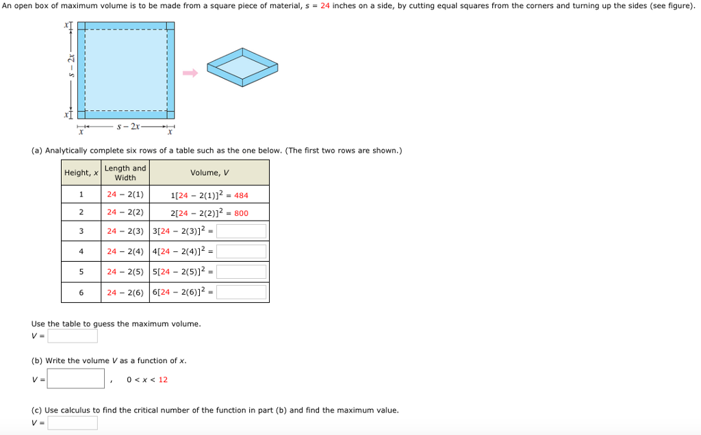 Solved An open box of maximum volume is to be made from a | Chegg.com