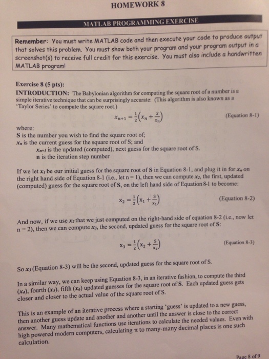 Solved Homework 8 Matlab Programming Exercise Remember Y