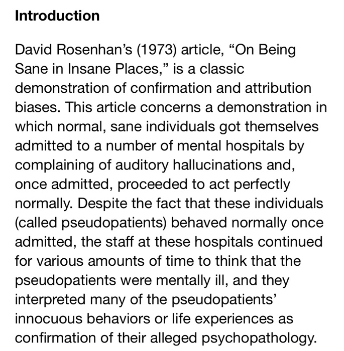 Introduction David Rosenhan's (1973) Article, "On ... | Chegg.com