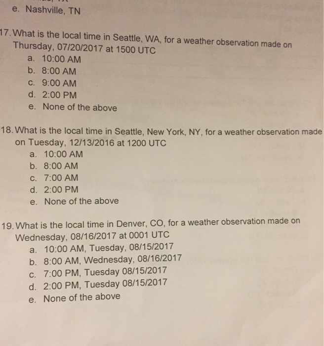 Solved e. Nashville, TN 17.What is the local time in | Chegg.com