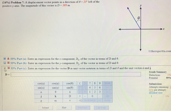 Solved: (14%) Problem 7: A Displacement Vector Points In A... | Chegg.com