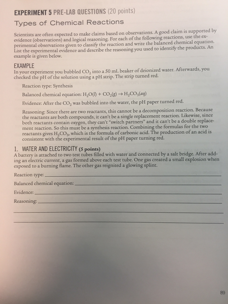 Solved: EXPERIMENT 5 PRE-LAB I Types Of Chemical Reactions... | Chegg.com