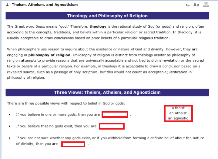 Solved: 1. Theism, Atheism, And Agnosticism Aa Aa Theology... | Chegg.com