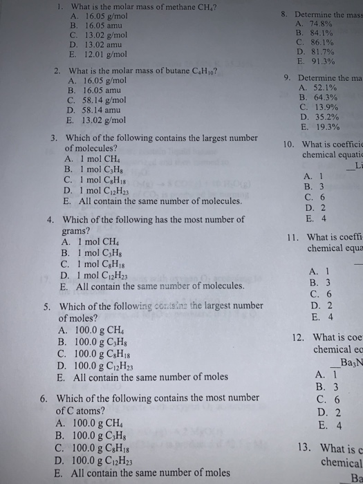 Solved What is the molar mass of methane CH4? A. 16.05 g/mol | Chegg.com