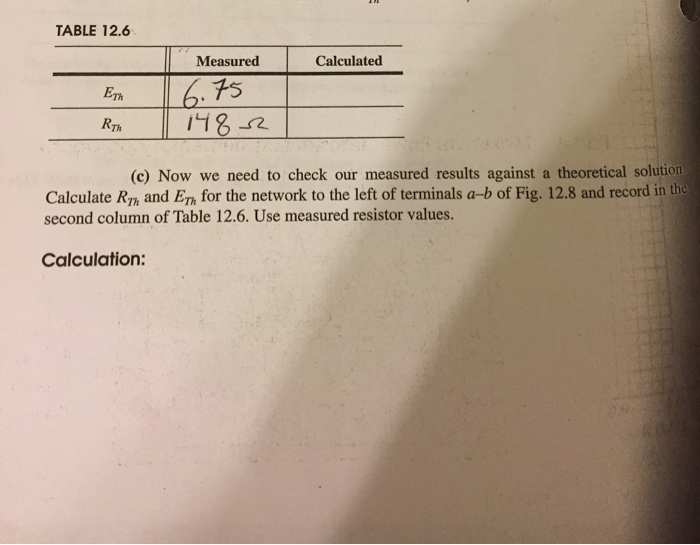 Solved TABLE 12.6 Measured Calculated ETh RTh (c) Now we | Chegg.com