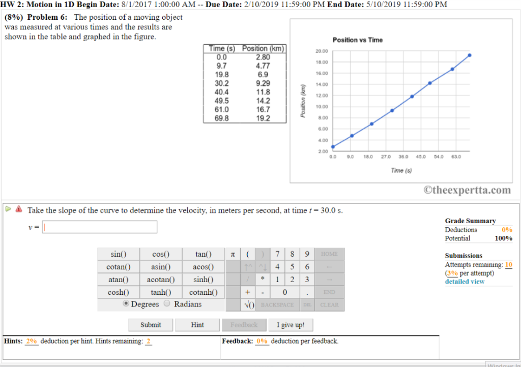Solved: HW 2: Motion In 1D Begin Date: 8/1/2017 1:00:00 AM... | Chegg.com