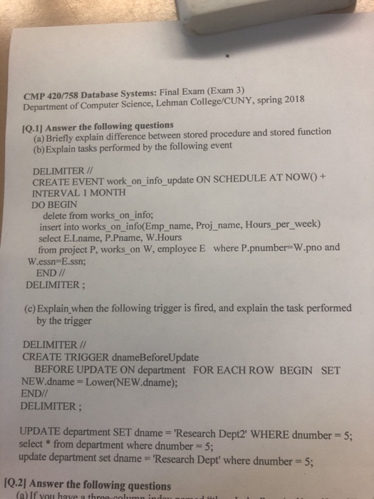 Solved: CMP 420/758 Database Systems: Final Exam (Exam 3) ... | Chegg.com