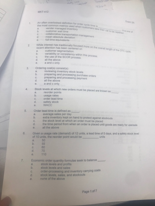 Solved MKT 412 An often overlooked definition for order | Chegg.com