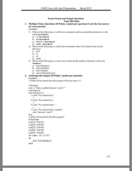 Solved: CS405 Linux With App. Programming Spring 2018 Exam... | Chegg.com