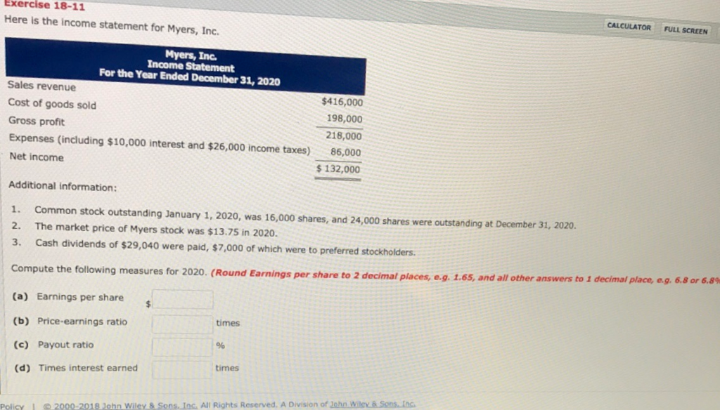 Solved: Exercise 18-11 CALCULATOR FULL SCREEN Here Is The ... | Chegg.com
