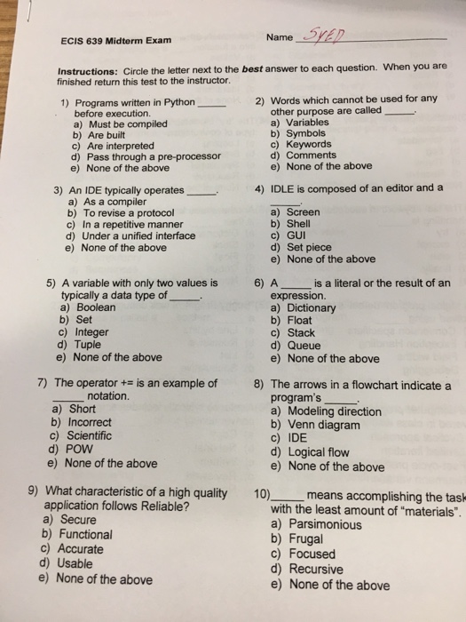 Solved: Name ECIS 639 Midterm Exam The Next To The Best An... | Chegg.com