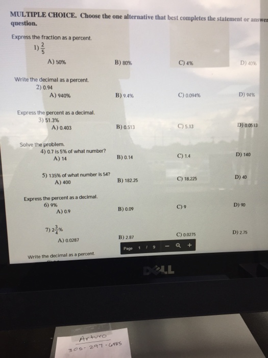 Solved Express The Fraction As A Percent 1 2 5 A 50 B Chegg