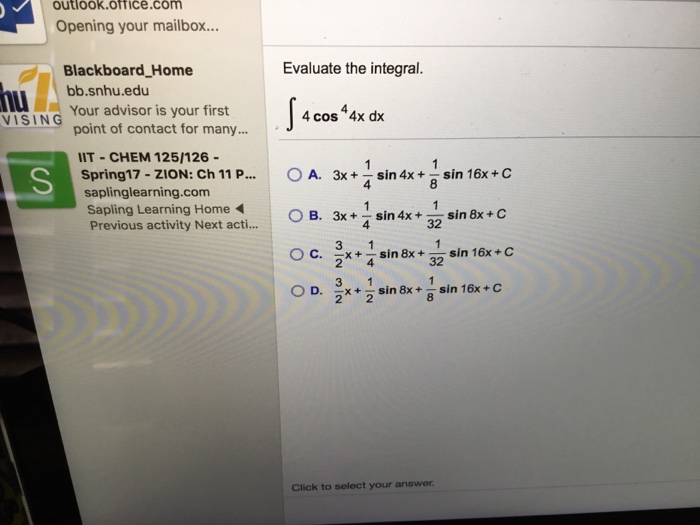 Solved: Evaluate The Integral. Integral 4 Cos^4 4x Dx A. 3... | Chegg.com