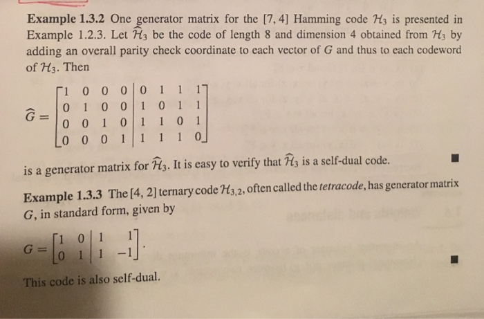 Example 1.3.2 One Generator Matrix For The 17, 4] ... | Chegg.com