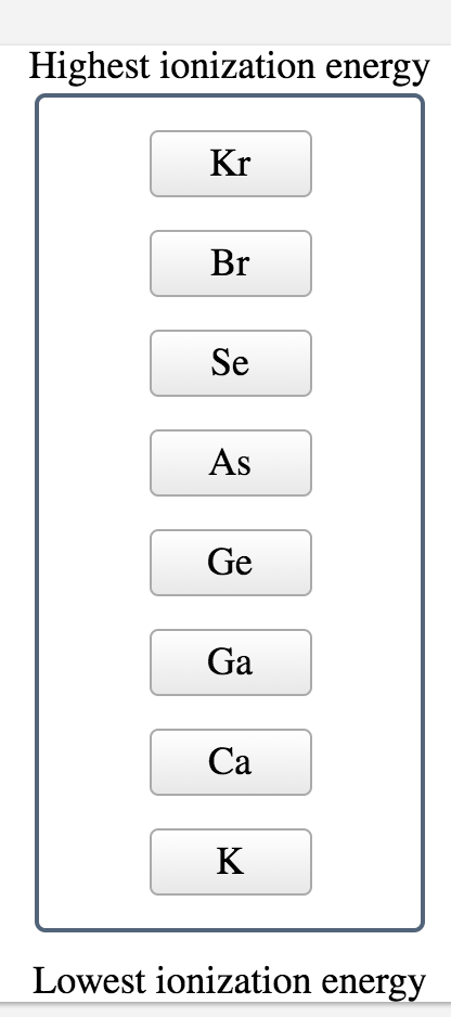Solved Highest ionization energy Kr Se As Ge Ga Ca Lowest | Chegg.com