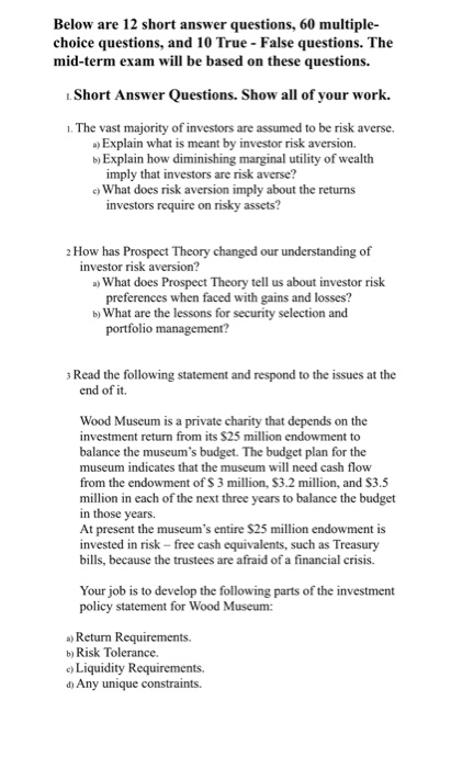 Solved: Below Are 12 Short Answer Questions, 60 Multiple- ... | Chegg.com