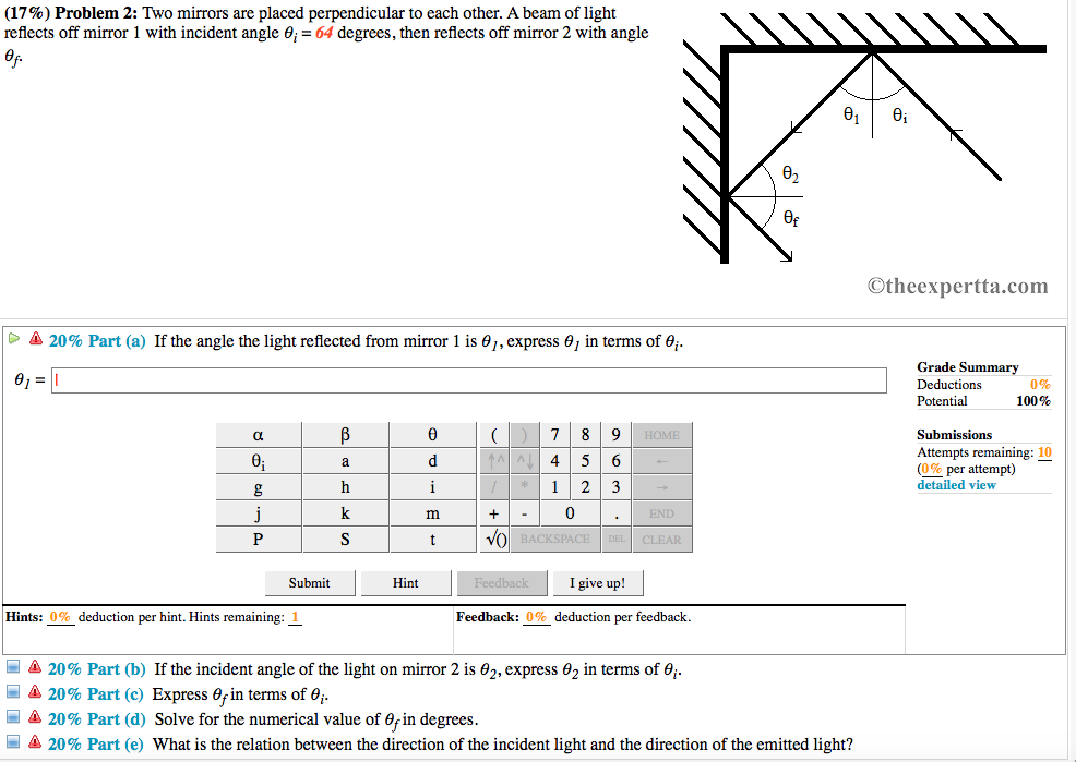 Solved: (17%) Problem 2: Two Mirrors Are Placed Perpendicu... | Chegg.com
