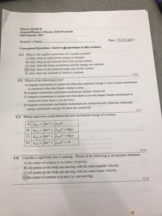 Solved: FINAL EXAM B General Physics I: Physies 2110-03 An... | Chegg.com