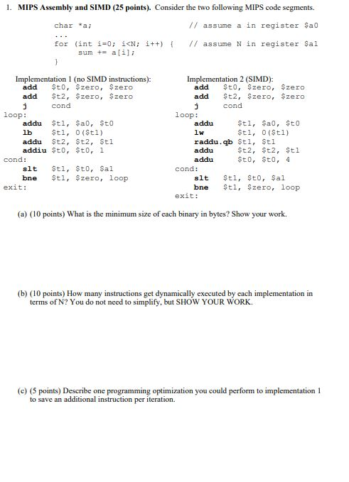1 Mips Assembly And Simd 25 Points Consider Th