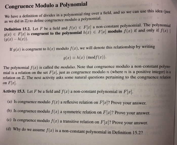 Solved Congruence Modulo a Polynomial e have a definition of | Chegg.com