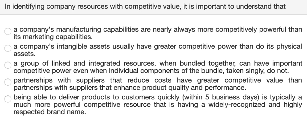 Solved In identifying company resources with competitive | Chegg.com
