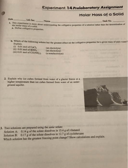 Solved: Experiment 14 Prelaboratory Assignment Molar Mass ... | Chegg.com