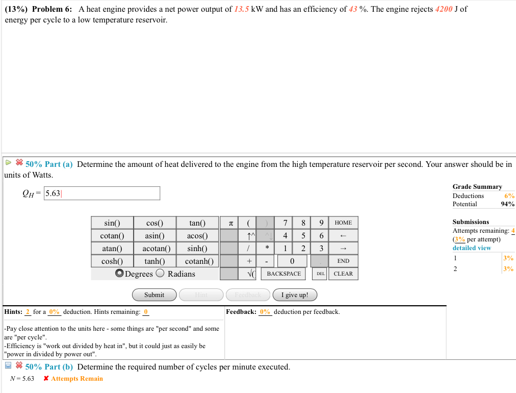 Solved 13 Problem 6 A Heat Engine Provides A Net Powe 