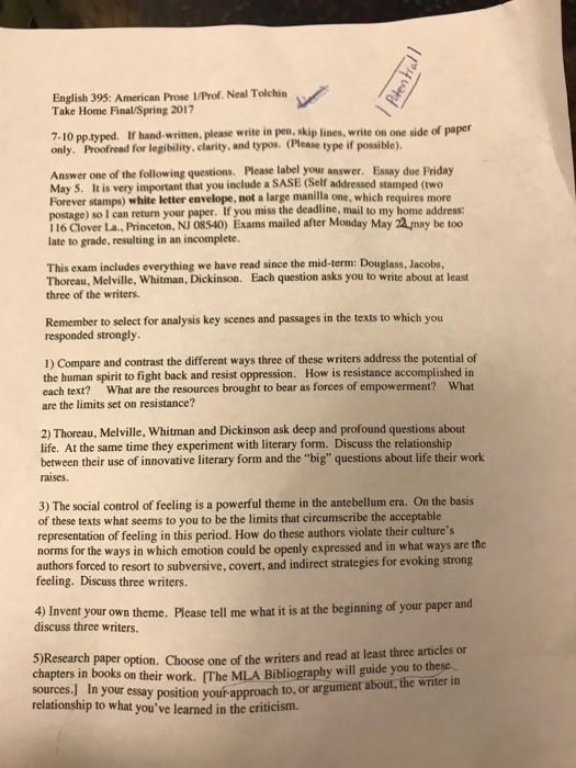 If Hand Written, Please Write In Pen. Skip Lines, ... | Chegg.com