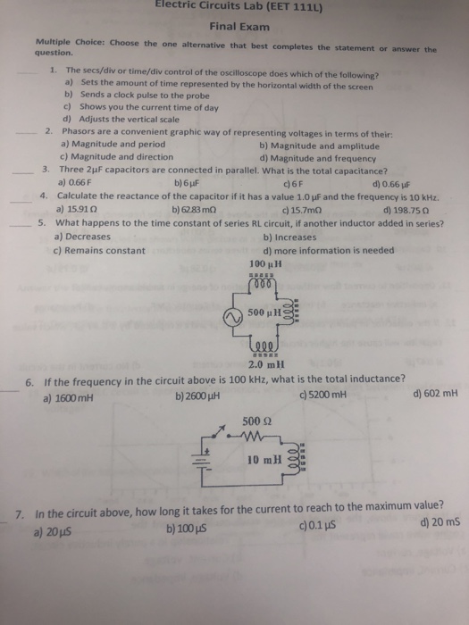 Solved: Electric Circuits Lab (EET 111L) Final Exam Multip... | Chegg.com