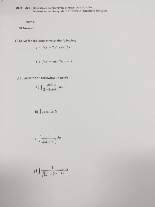 Solved: Derivatives And Integral Of Hyperbolic Function De... | Chegg.com Solved: Derivatives And Integral Of Hyperbolic Function De... | Chegg.com