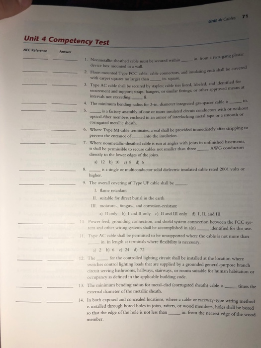 Solved: 71 Unit 4: Cables Unit 4 Competency Test NEC Refer... | Chegg.com
