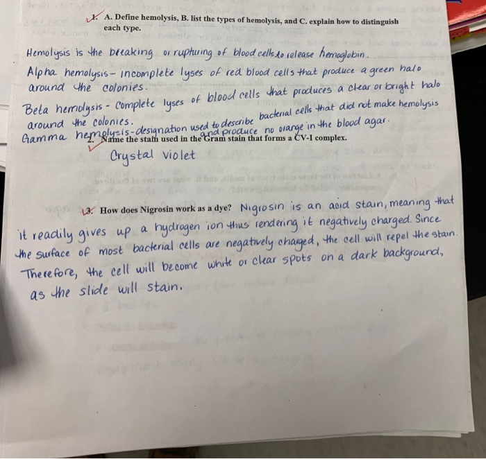 Solved A. Define hemolysis, B. list the types of hemolysis, | Chegg.com