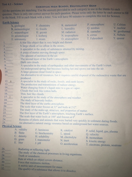 Solved: Test 4.1-Science CHRISTIAN HIGH SCHOOL EQUIVALENCY... | Chegg.com