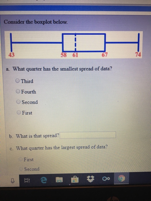 Solved Consider the boxplot below 43 58 61 67 74 a. What | Chegg.com