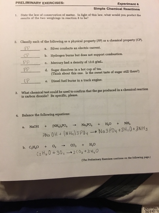 Solved PRELIMINARY EXERCISES Experiment 6 Simple Chemical | Chegg.com