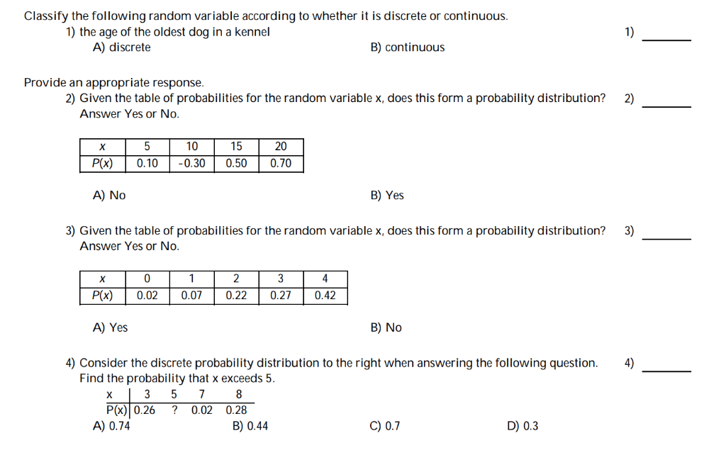 Solved Classify The Following Random Variable According T