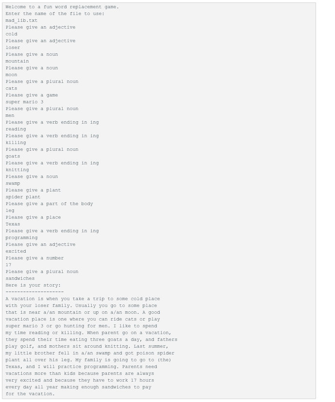 Solved Python 3 6 Zybooks Madlibs Project Read A File 19