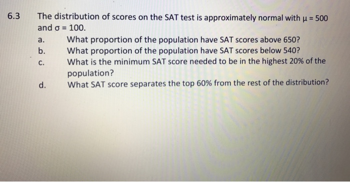 Solved The distribution of scores on the SAT test is | Chegg.com