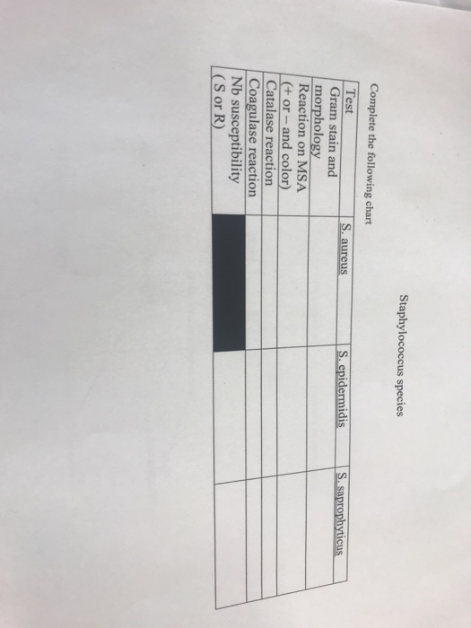 Solved Staphylococcus species Complete the following chart | Chegg.com