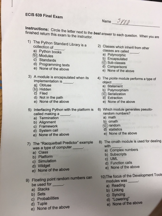 Solved: ECIS 639 Final Exam Name Instructions: Circle The ... | Chegg.com