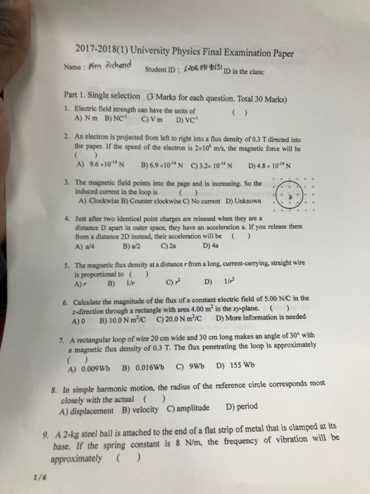 Solved: 2017-2018(1) University Physics Final Examination ... | Chegg.com