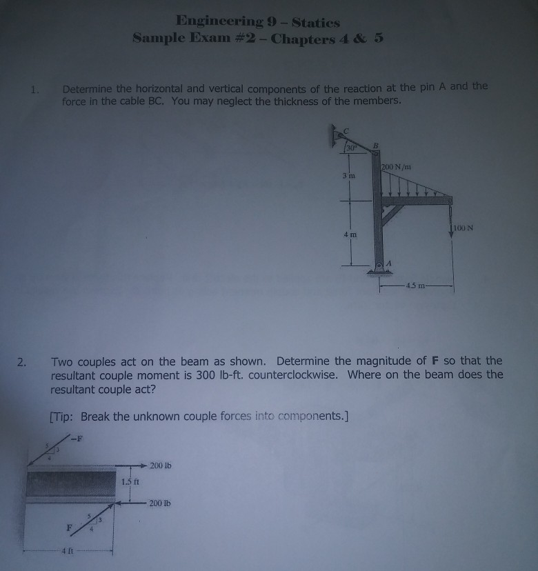 Solved: Engineering 9 - Statics Sample Exam #2-Chapters 4 ... | Chegg.com