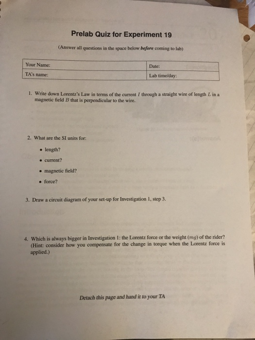 Prelab Quiz for Experiment 19 Answer all questions in | Chegg.com