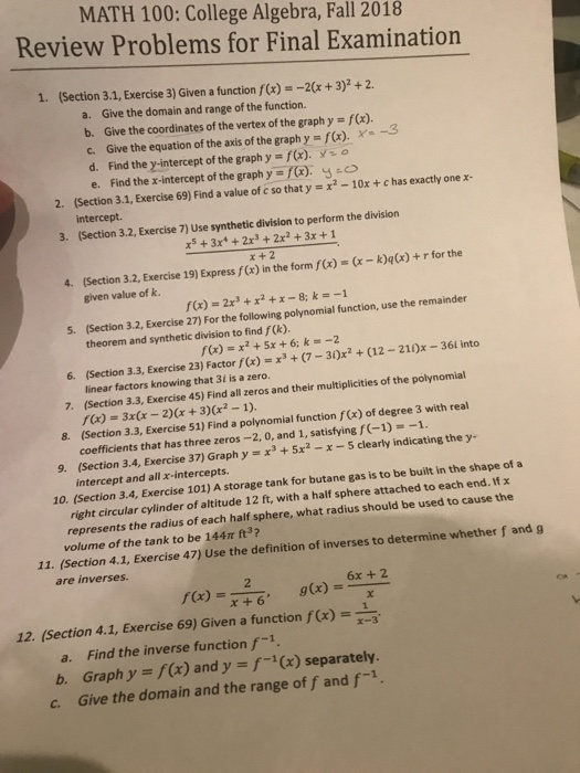 MATH 100 College Algebra Fall 2018 Review Proble Chegg MATH 100 College Algebra Fall 2018 Review Proble Chegg