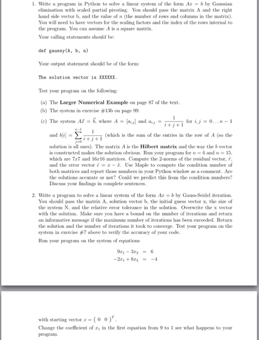 Solved Write A Program In Python To Solve A Linear System