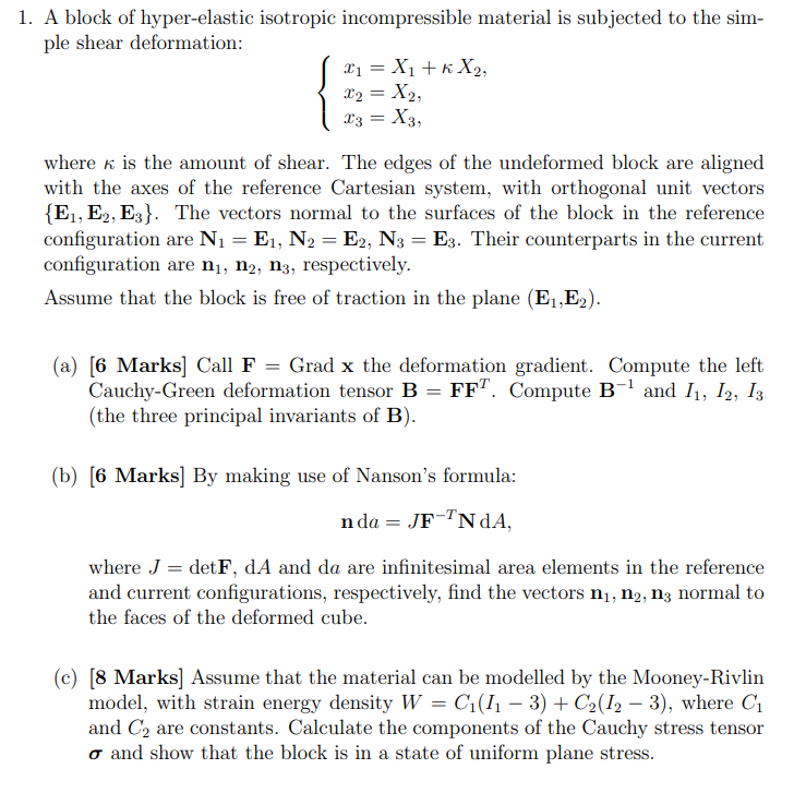 Solved A block of hyper-elastic isotropic incompressible | Chegg.com